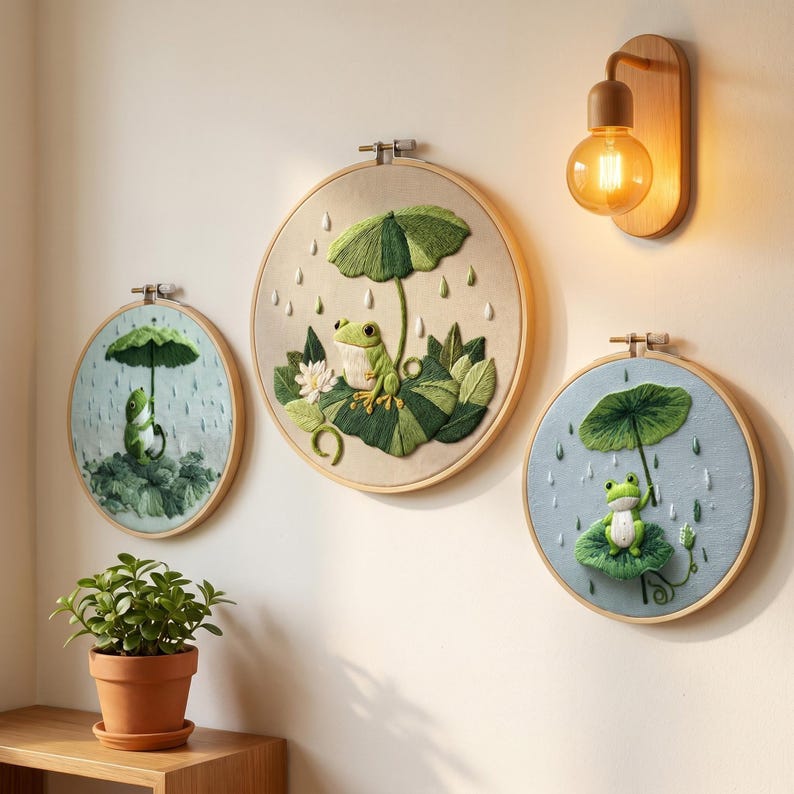 Cute Frog Embroidery Kit Animal Art Gift | Lotus Leaf Pattern ...
