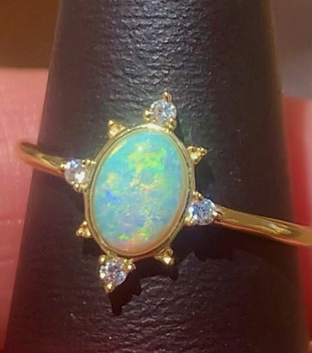 Natural Australian Crystal Opal, Cubic Zirconia and 9k Gold Sun Ring ...