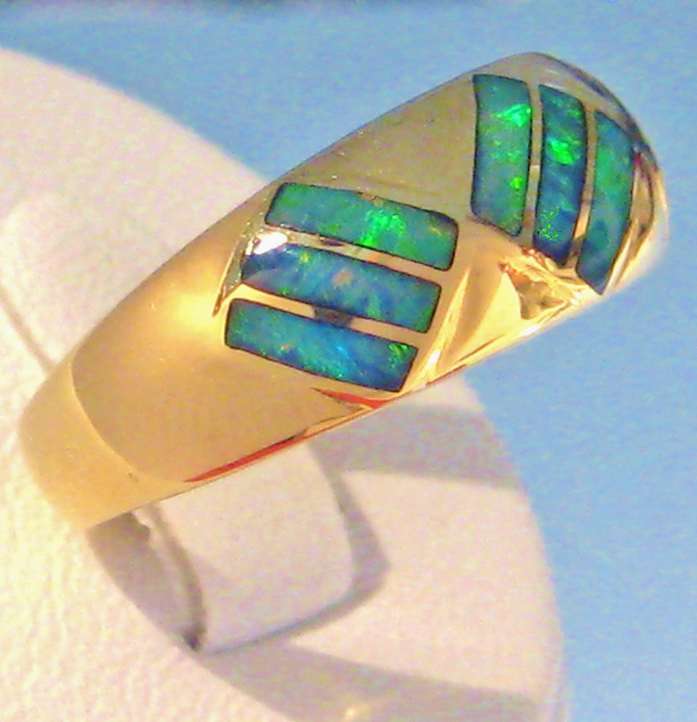 Stunning Natural Australian Opal Squared Inlay and 14k Solid Gold Ring ...