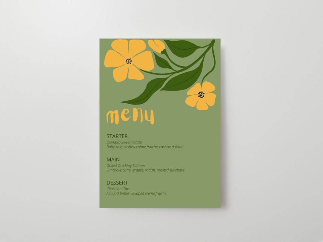 Modern Minimal Menu Yellow Floral canva Digital Template - Etsy