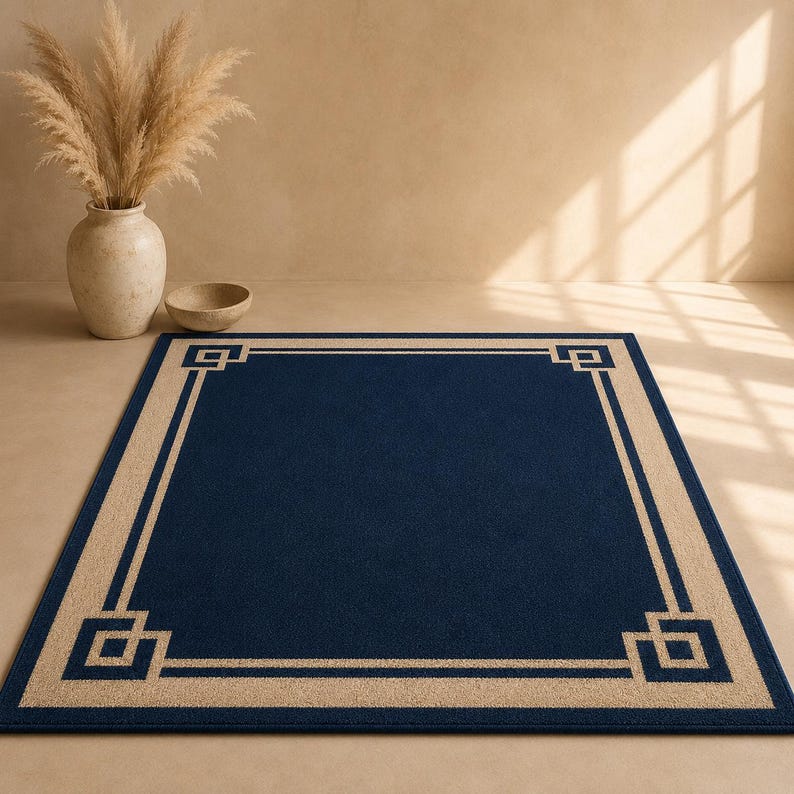 Luxury Navy Blue Geometric Tufted Wool Rug, Handmade Modern Area Rug ...