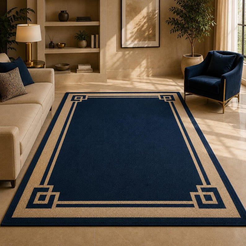 Luxury Navy Blue Geometric Tufted Wool Rug, Handmade Modern Area Rug ...