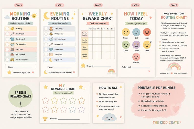 Kids Routine Chart Bundle | Morning, Bedtime, Reward, Feelings (digital ...