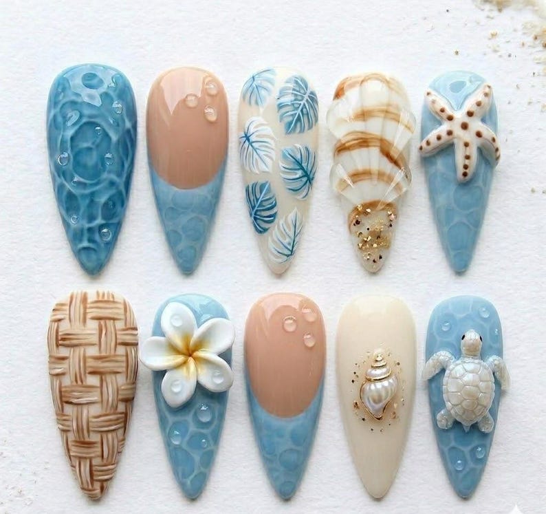 Tropical Beach Press on Nails, 3D Sea Turtle Starfish and Seashell ...