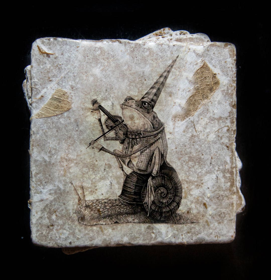 Frog on a Snail Playing a Violin Coaster Set. **ask for Free Gift ...