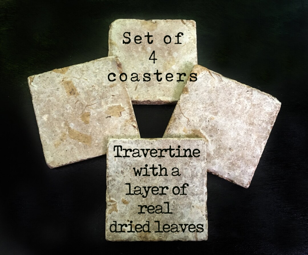 4 Travertine Tumbled Stone W/ Embedded Dry Leaves Coaster Set. **ask for Free Gift Wrapping and ...