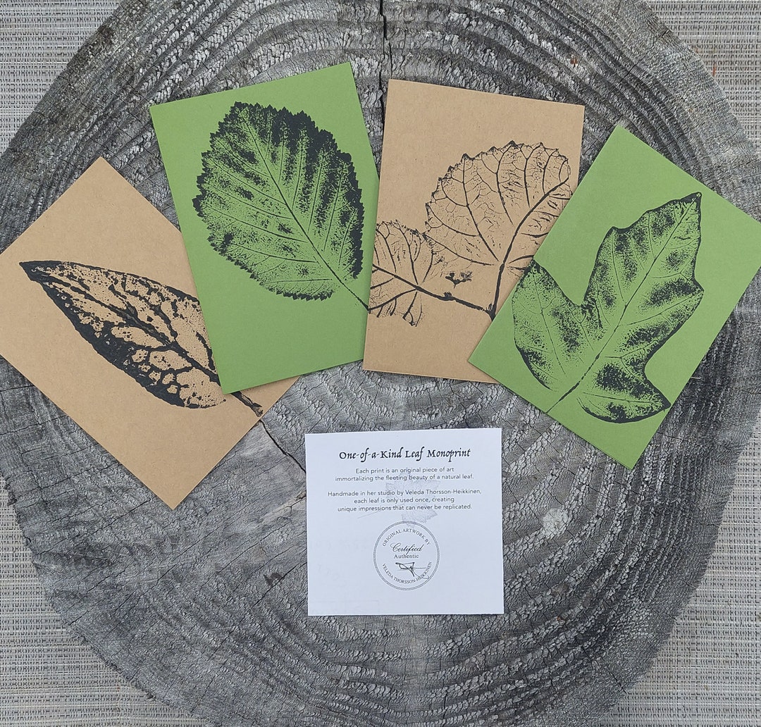 Set of One-of-a-kind Small Natural Leaf Monoprint Cards. Original Art ...