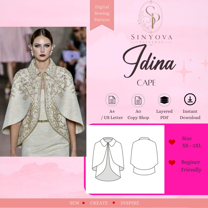 Couture Cape Sewing Pattern, Elegant Collar Capelet, XS-2XL (digital ...