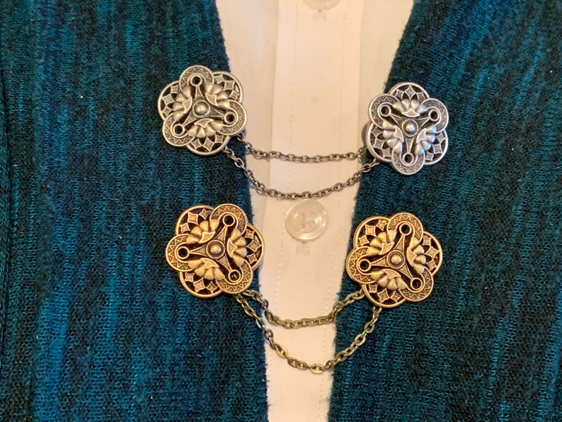 Sweater Clips: Pewter and Antique Gold Decorative Medallions | Etsy
