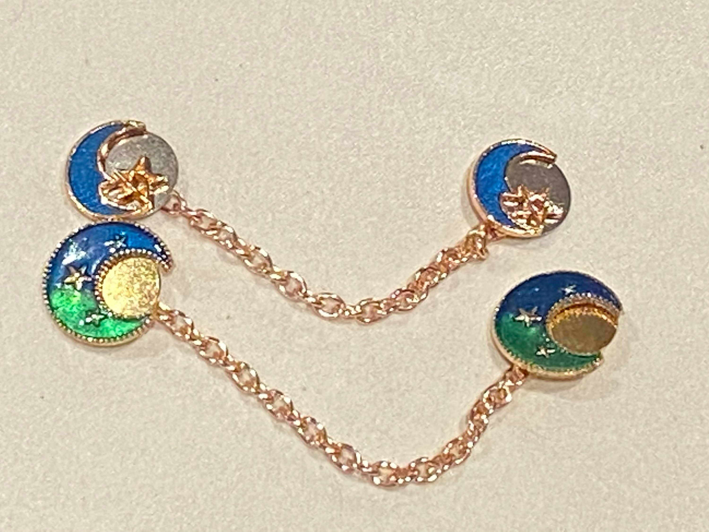 Sweater Pins: Blue Enamel Moon and Star Set in Gold | Etsy