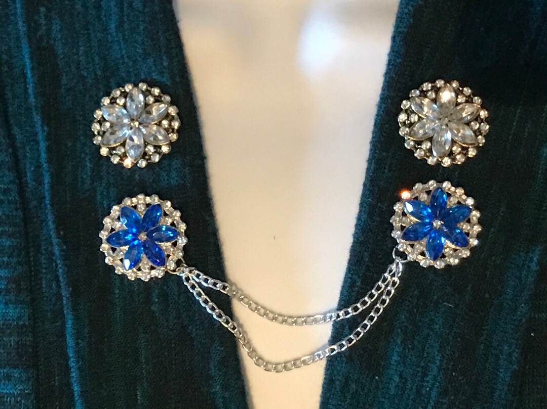 Sweater Clips: Rhinestone Medallions Blue or Clear - Etsy