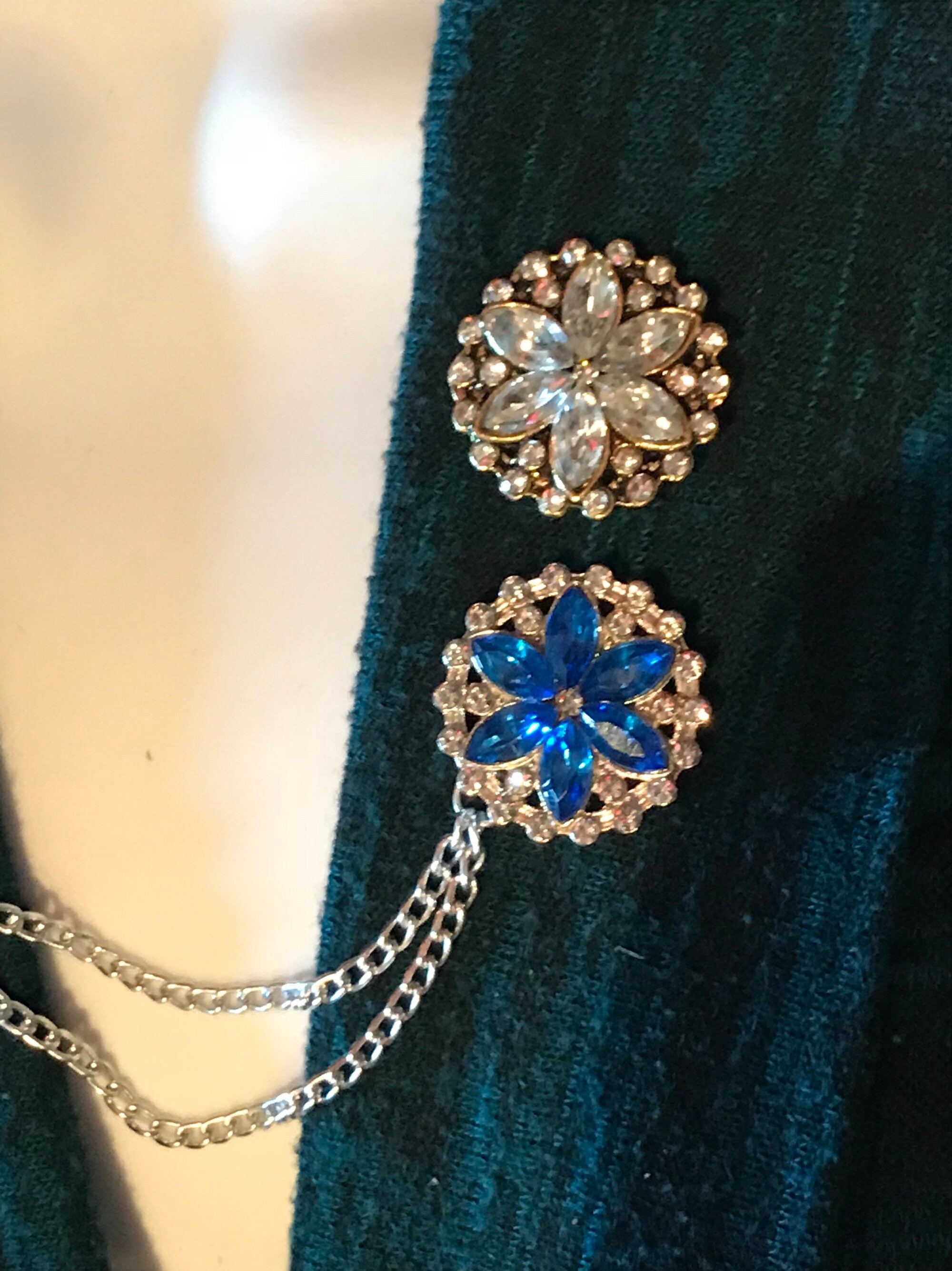 Sweater Clips: Rhinestone Medallions Blue or Clear REDUCED | Etsy