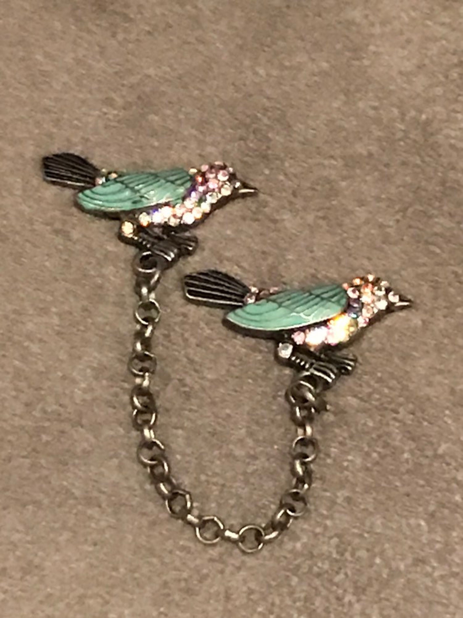 Sweater Pins: Birds With Rhinestone and Green Enamel Wing - Etsy