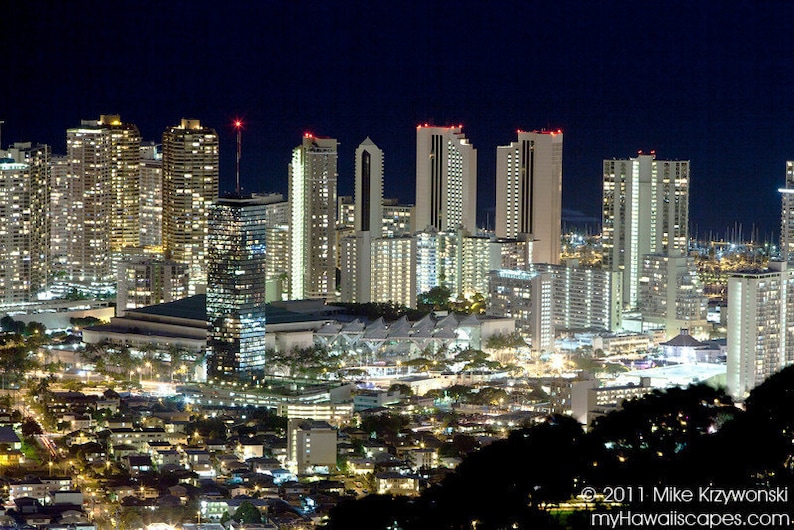Scenic Downtown Honolulu City Lights at Night Photo Picture - Etsy