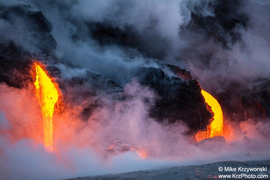 A Glowing Stream of Lava Flows Into the Ocean at Kalapana on the Big ...