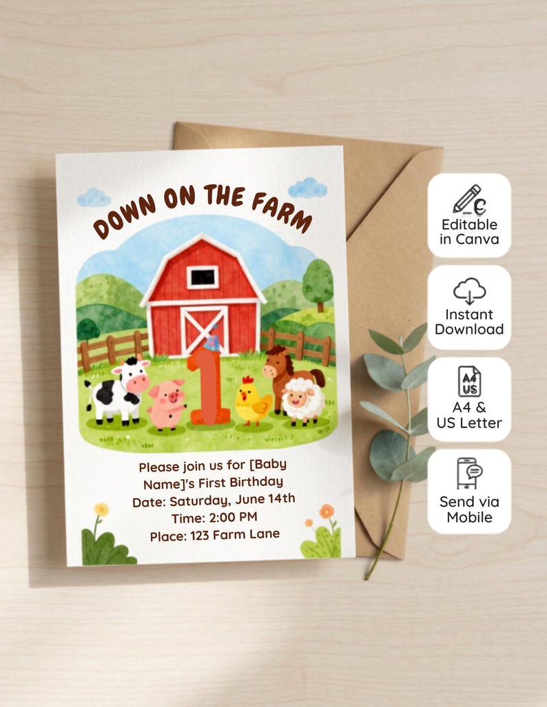 Editable Boy Barnyard Farm Animals Ranch Kids Birthday Invitation ...