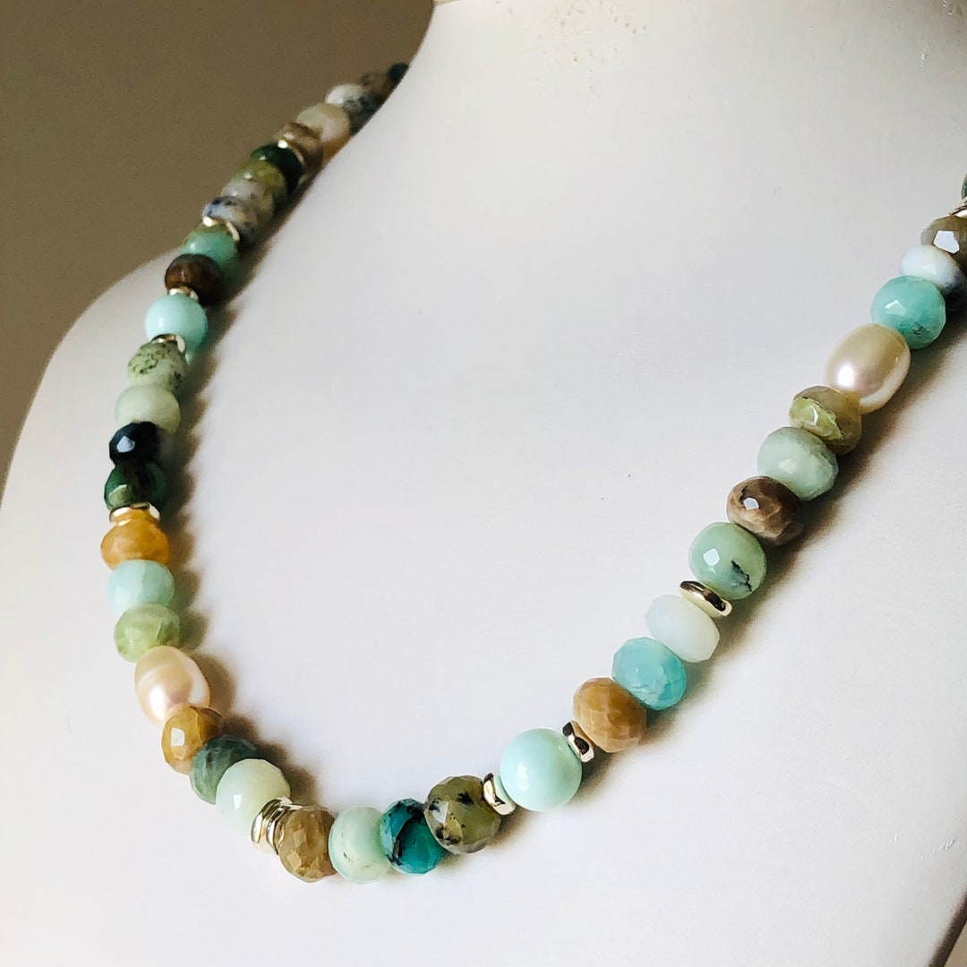 Peruvian Opal White Pearls Necklace Natural Gemstone Bohemian Statement ...