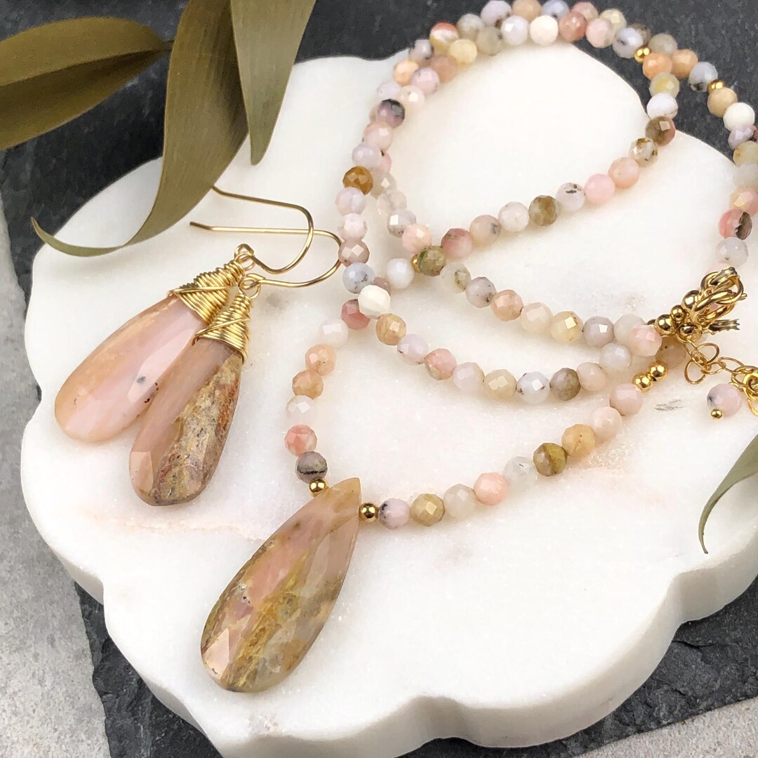 Pink Peru Opal Necklace Earrings Gold Filled Wrapped Natural Gemstone ...
