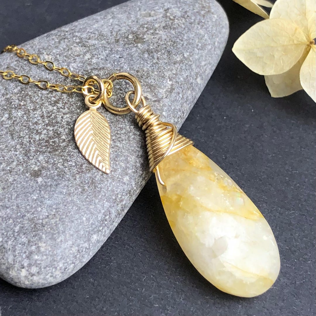 Heliodor Gemstone Necklace, Gold Filled Wire Wrapped Pendant With Leaf ...