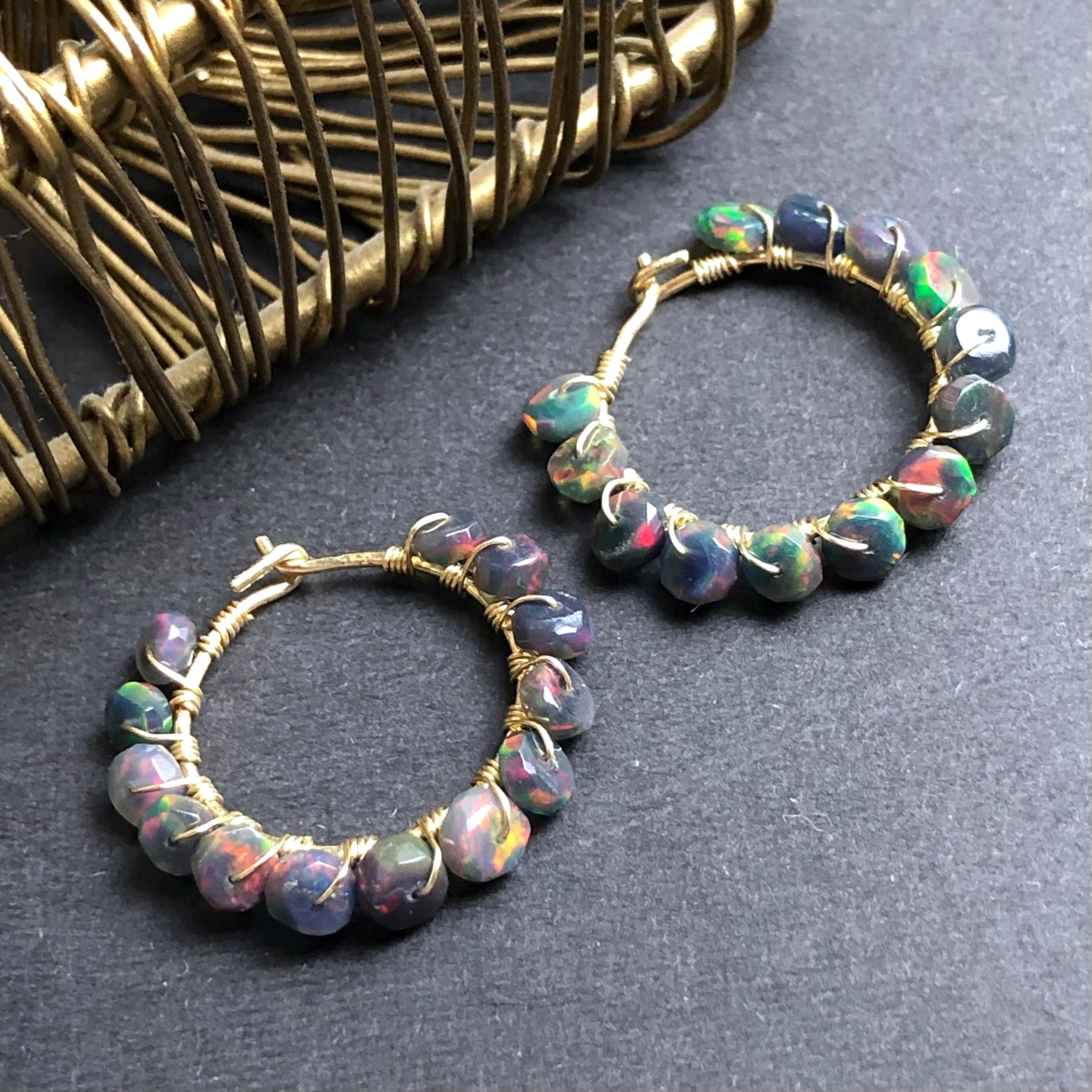 Black Opal Hoop Earrings Gold Filled Wire Wrapped Natural Gemstone ...
