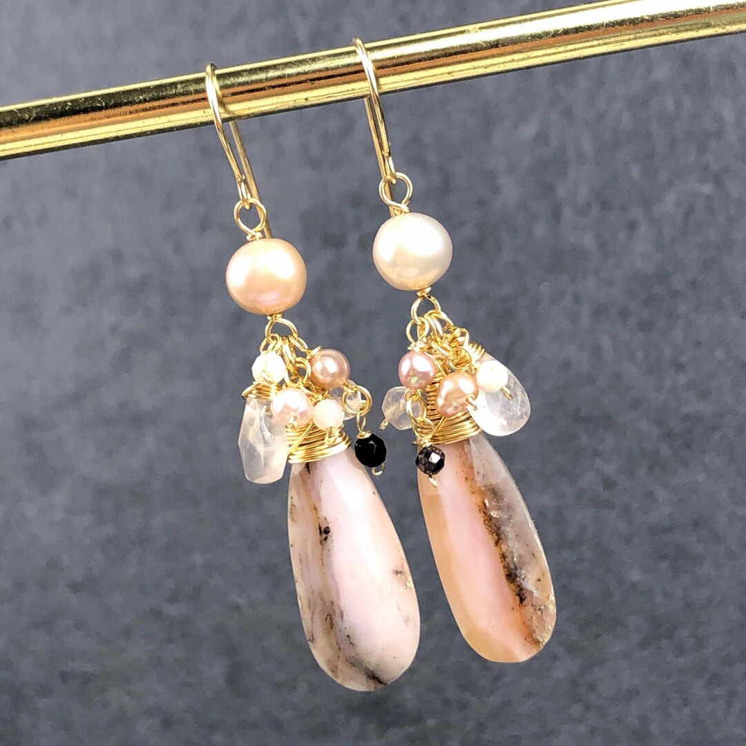 Pink Peru Opal Earrings Gold Filled Wire Wrapped Natural Gemstone Boho ...