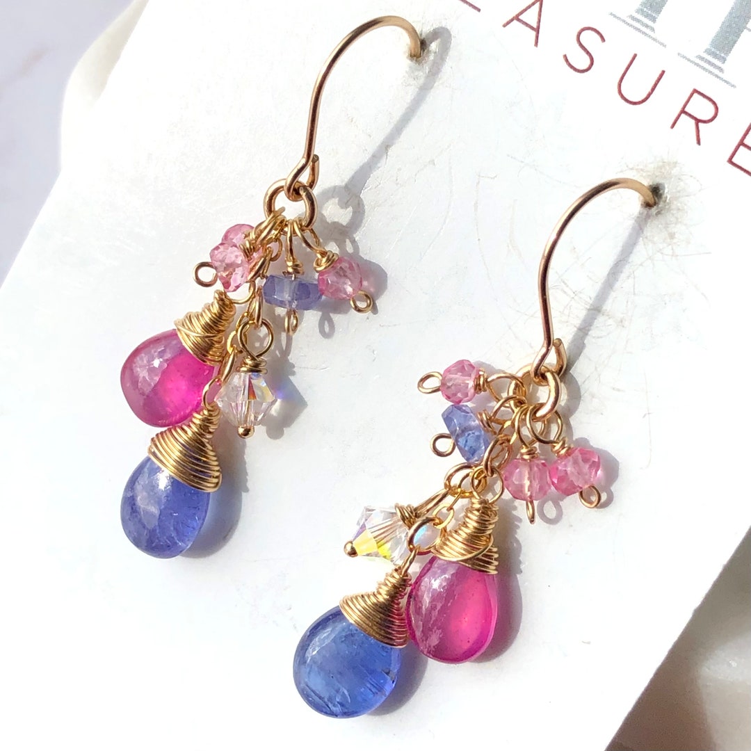Multi Gemstone Earrings Gold Filled Wire Wrapped Natural Tanzanite Pink ...