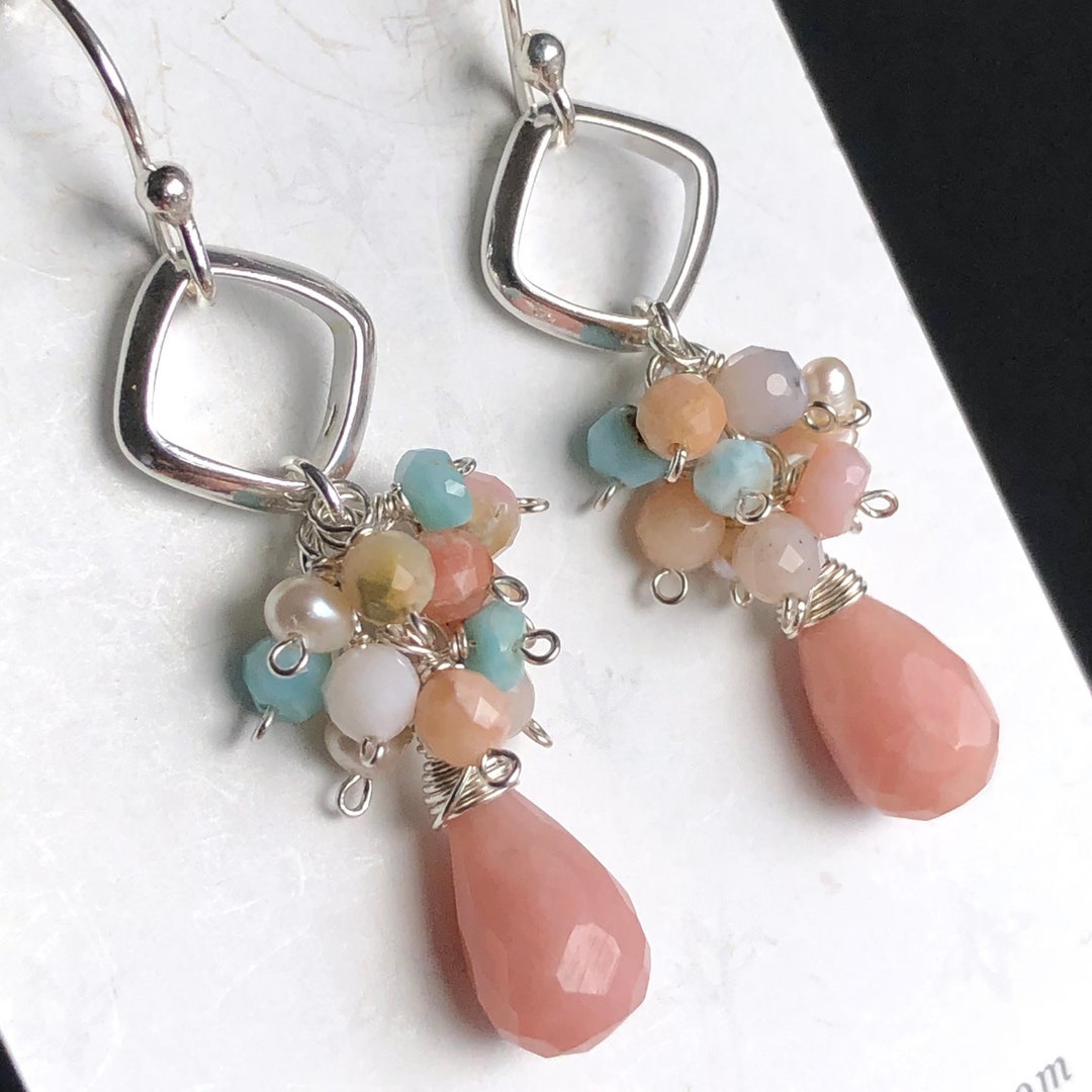 Pink Opal Beryl Earrings Sterling Silver Natural Gemstone Bohemian ...