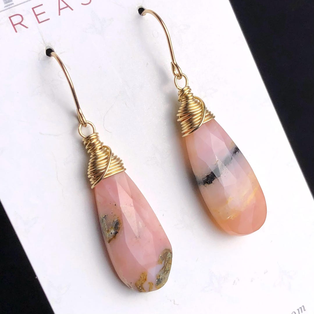 Pink Peru Opal Earrings Gold Filled Wire Wrapped Natural Gemstone ...