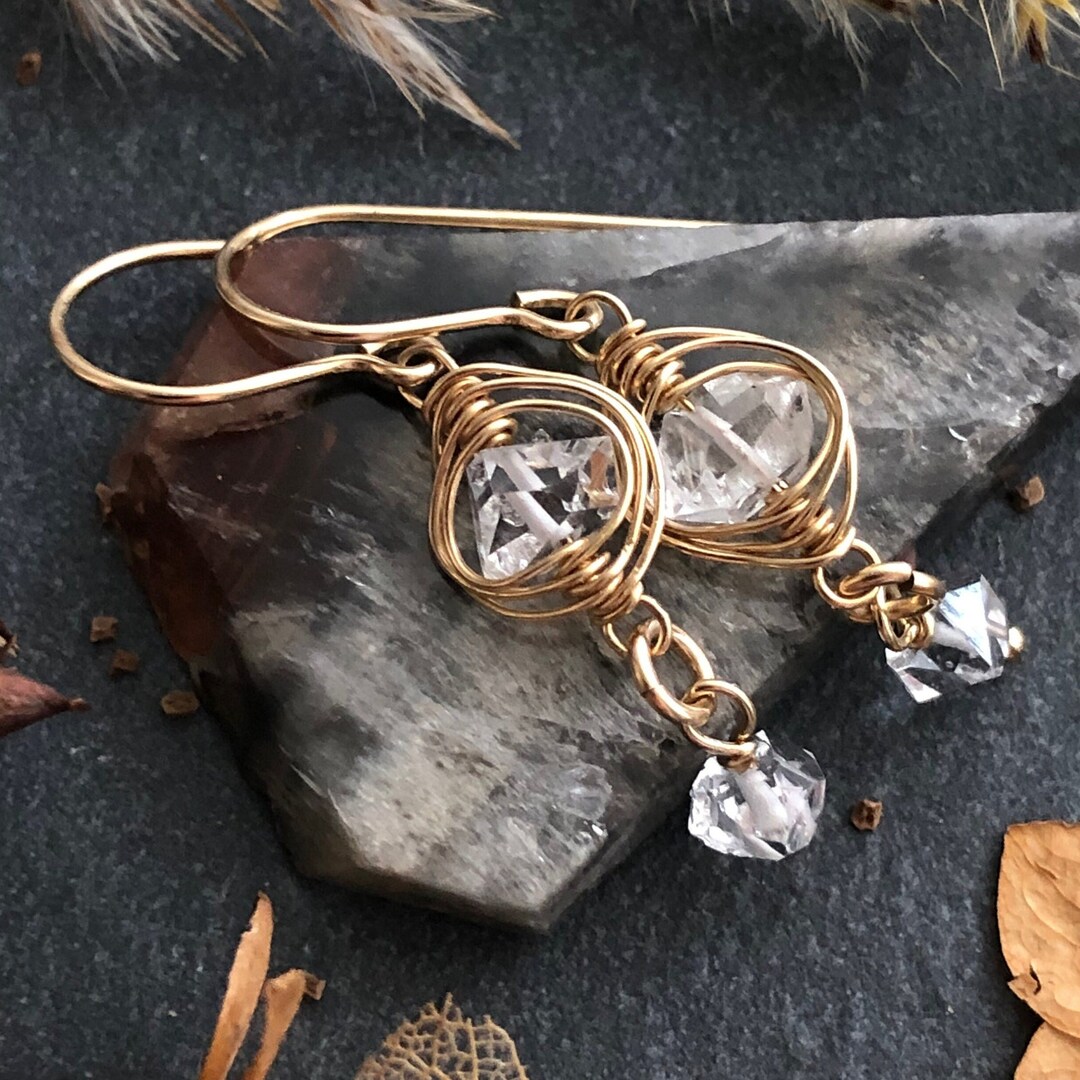 Herkimer Diamond Earrings Gold Filled Wire Wrapped Natural Gemstone ...