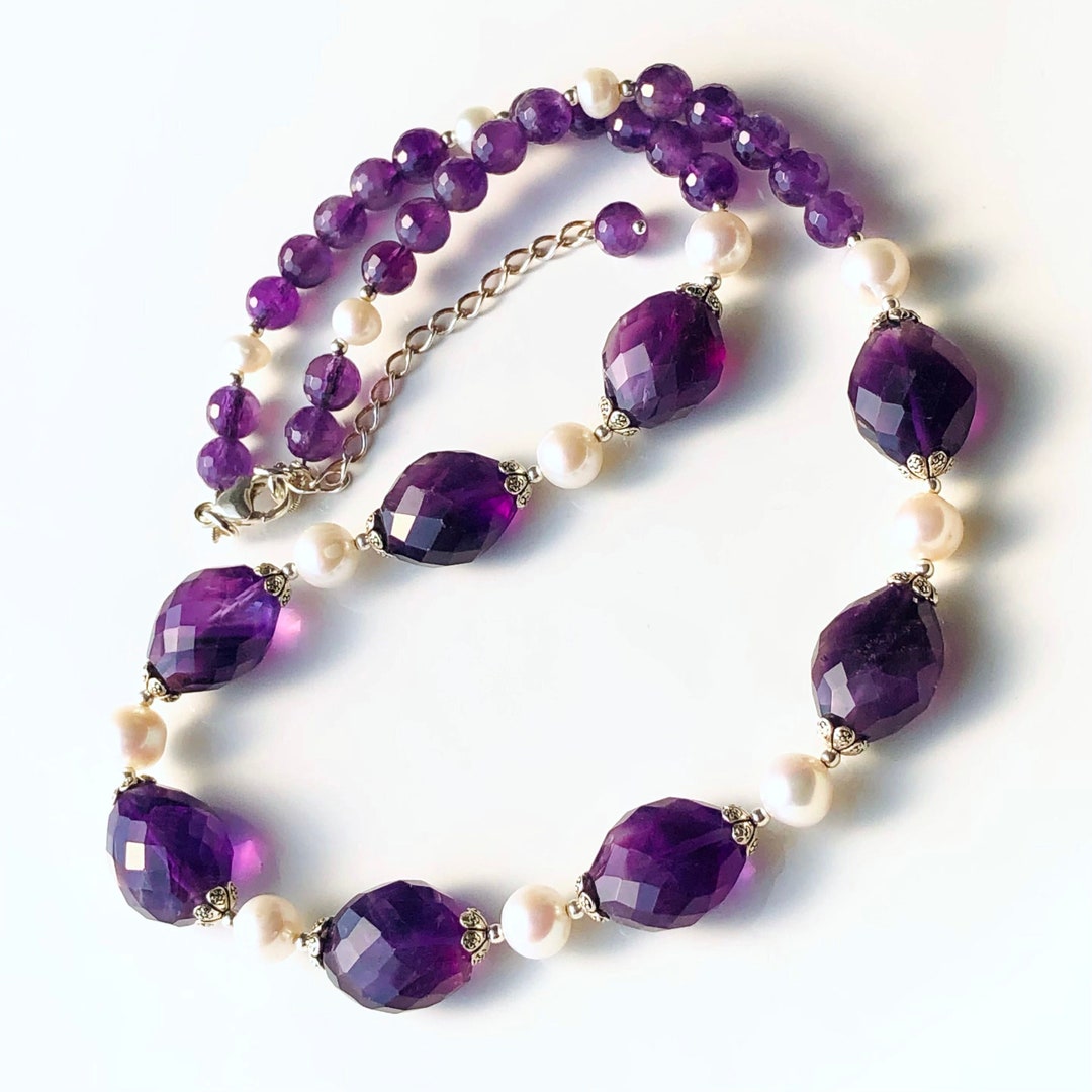 Amethyst Pearls Necklace Sterling Silver Natural Deep Purple - Etsy