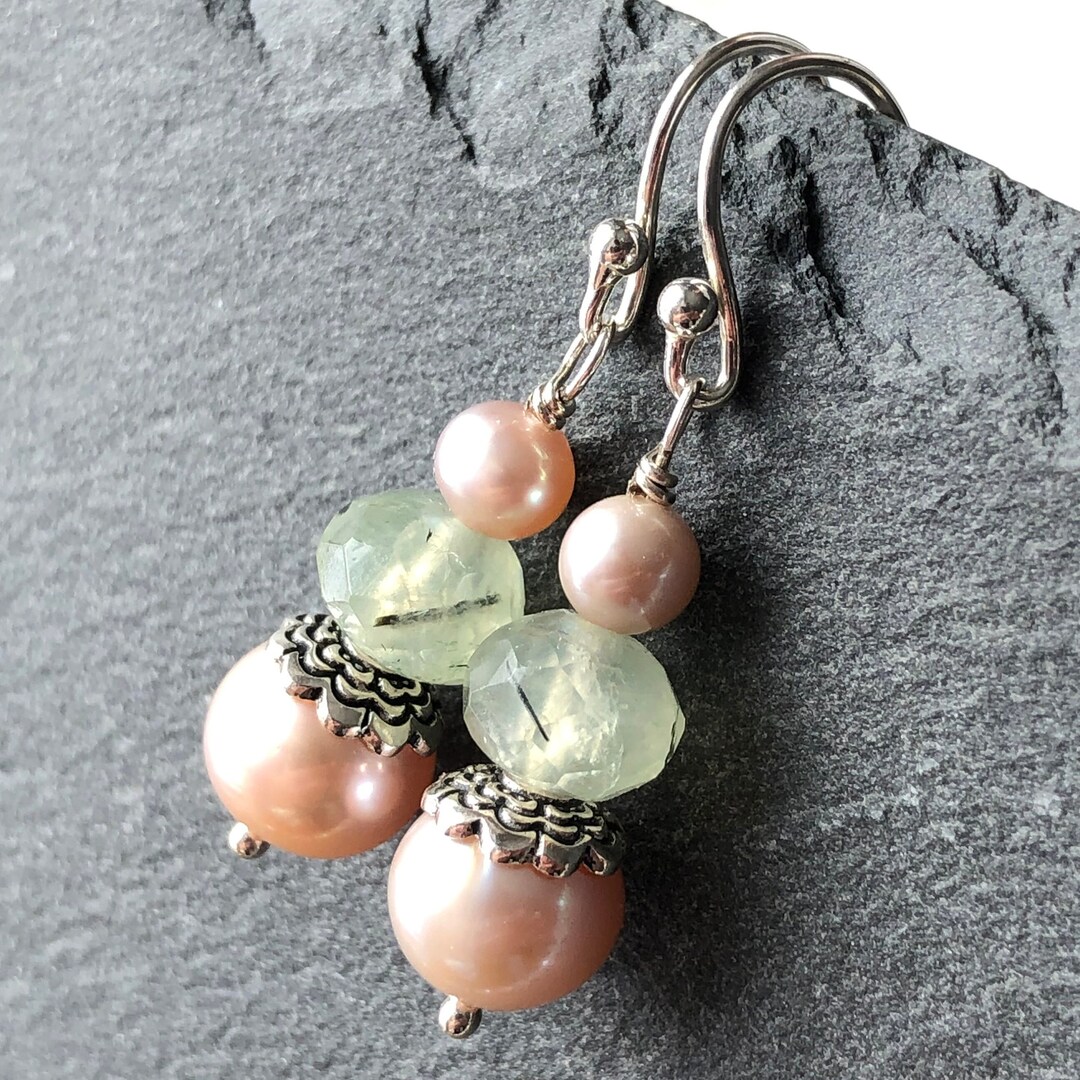 Pink Pearls Prehnite Earrings Sterling Silver Natural Gemstone Boho ...