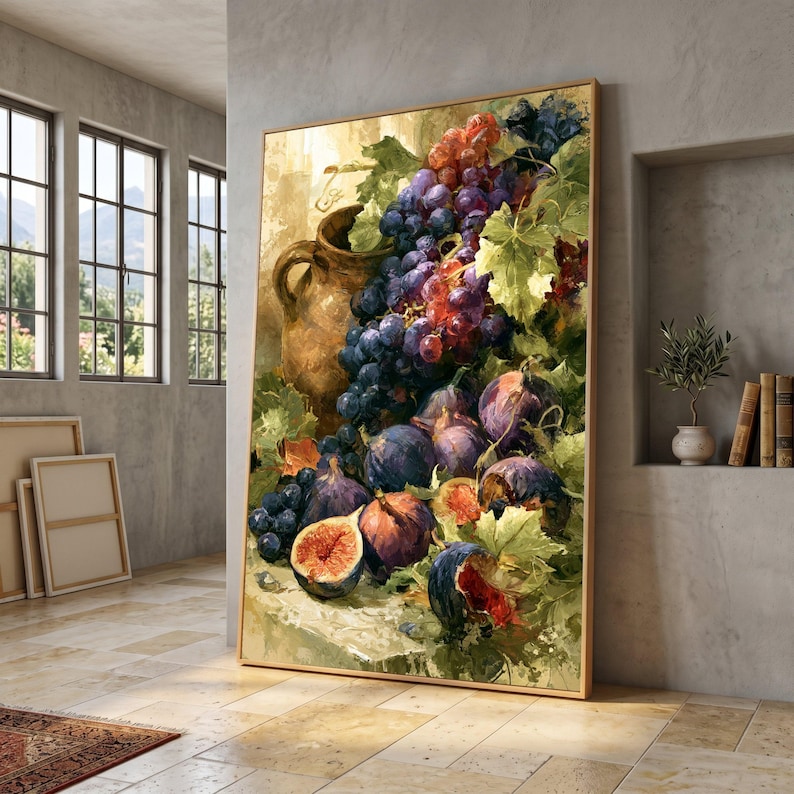 Pintura de natureza morta com uvas e figos, arte em tela rústica de ...