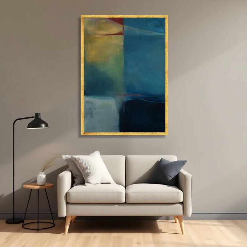Pintura abstrata em tela azul e amarela, arte de parede minimalista ...