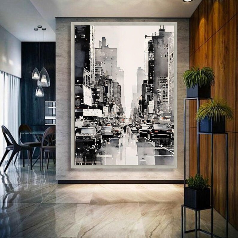 Black and White Cityscape Canvas, Urban Traffic Scene Wall Art, Modern ...