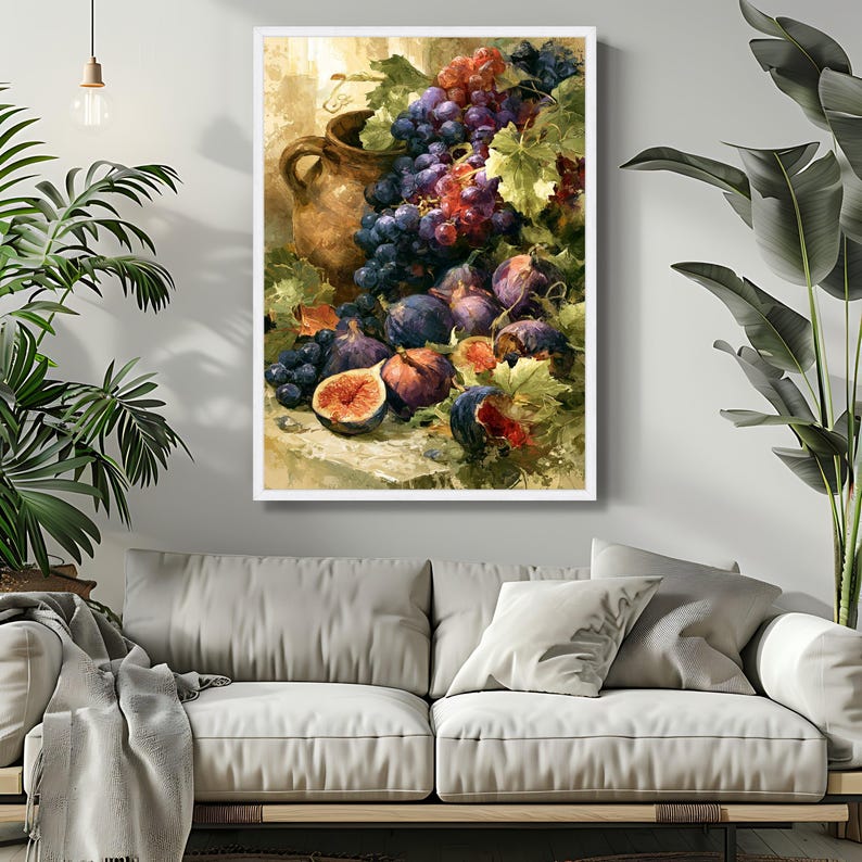 Pintura de natureza morta com uvas e figos, arte em tela rústica de ...