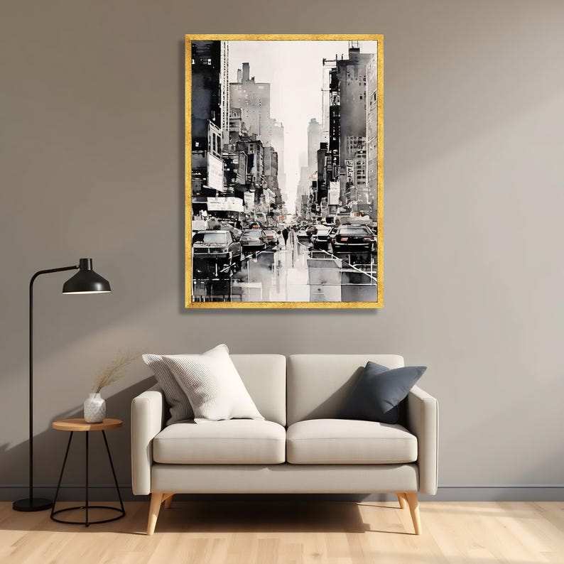 Black and White Cityscape Canvas, Urban Traffic Scene Wall Art, Modern ...