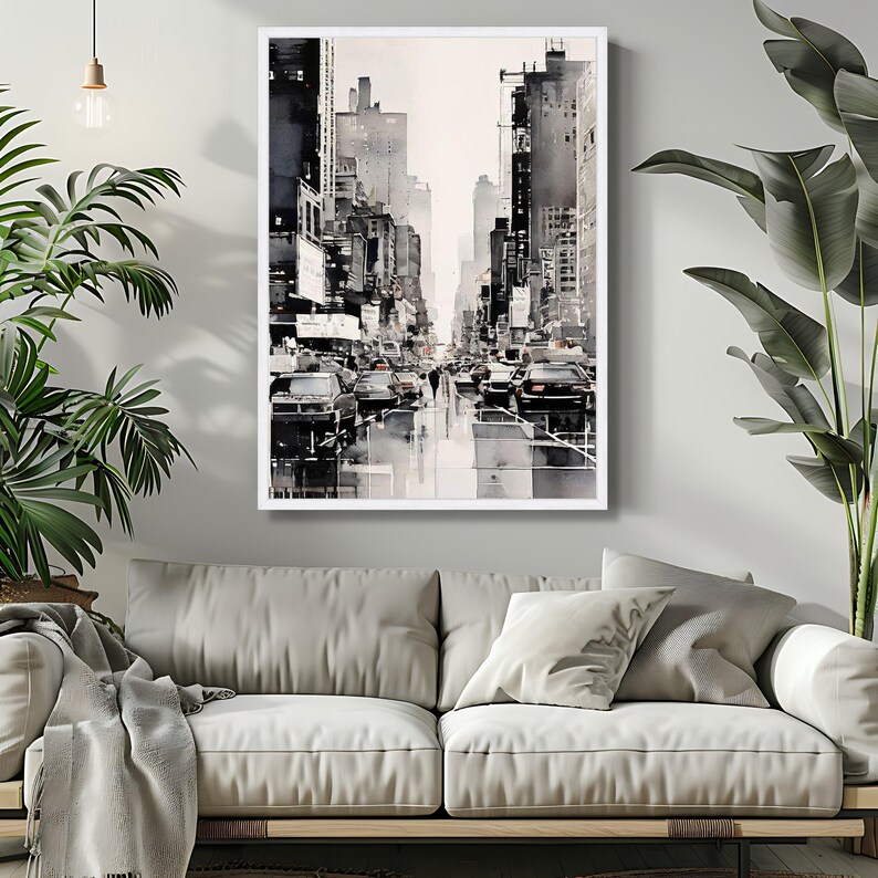 Black and White Cityscape Canvas, Urban Traffic Scene Wall Art, Modern ...