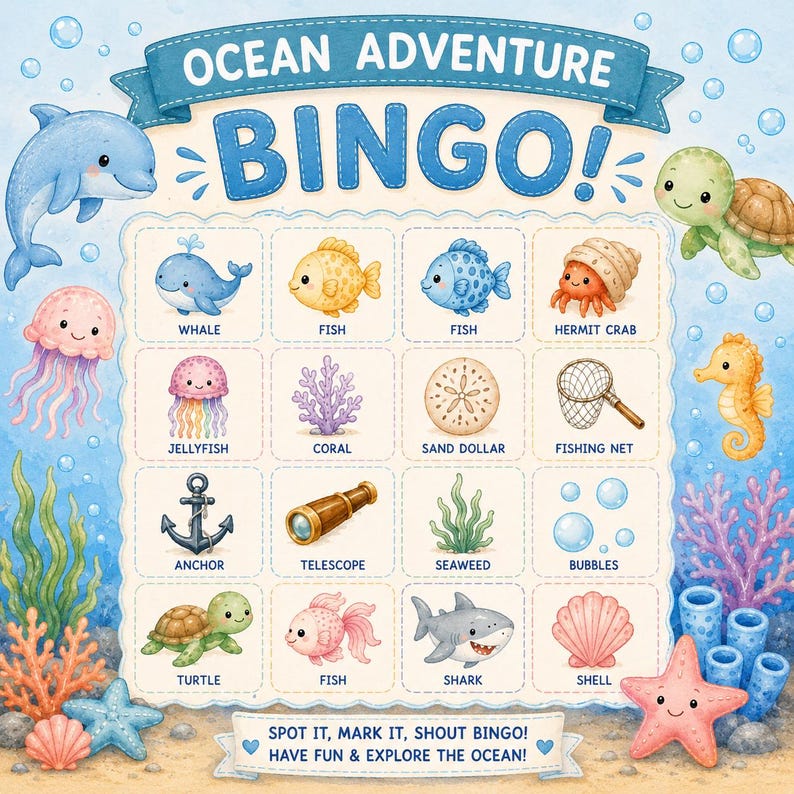 Ocean Adventure Bingo Printable Game | Under the Sea Party Activity ...