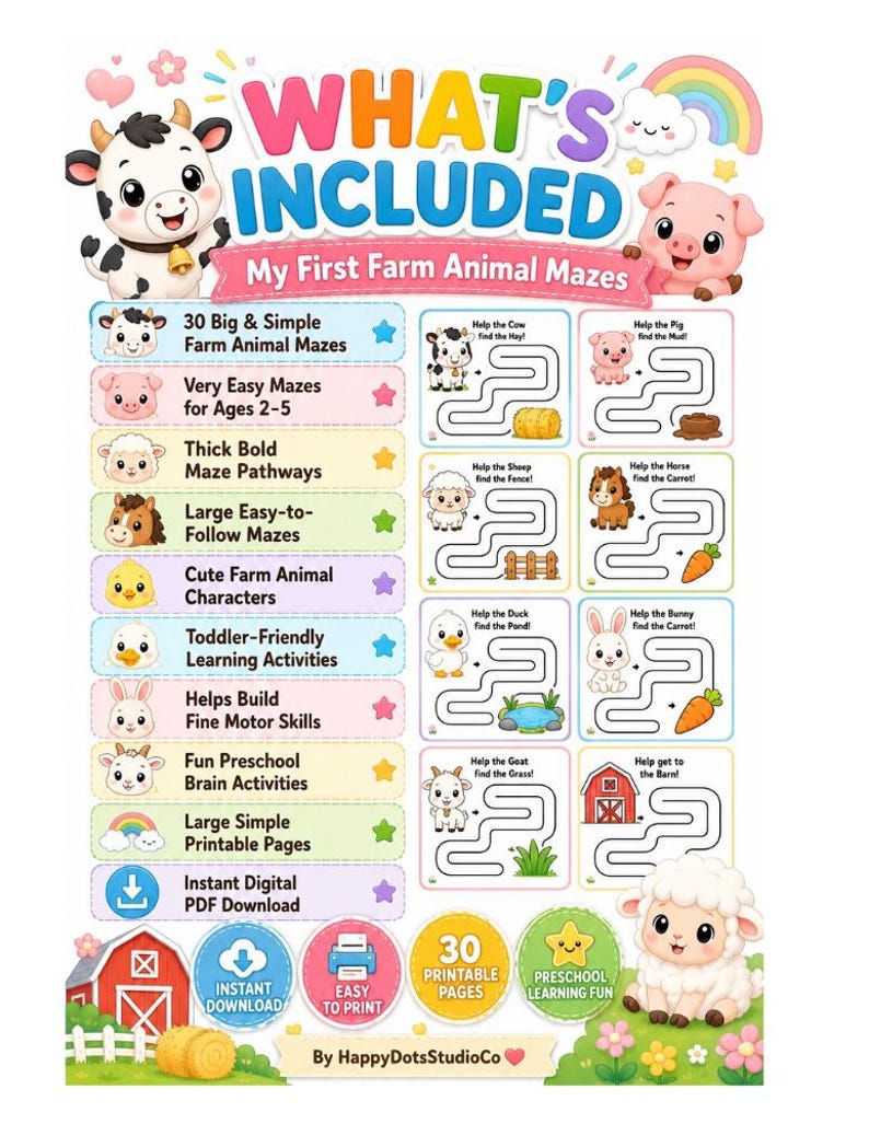 Farm Animal Mazes for Toddlers | Fun Easy Activity Book (instant ...