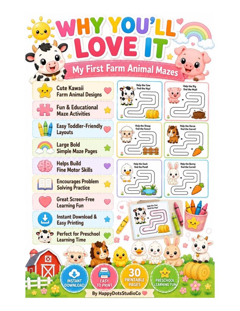 Farm Animal Mazes for Toddlers | Fun Easy Activity Book (instant ...