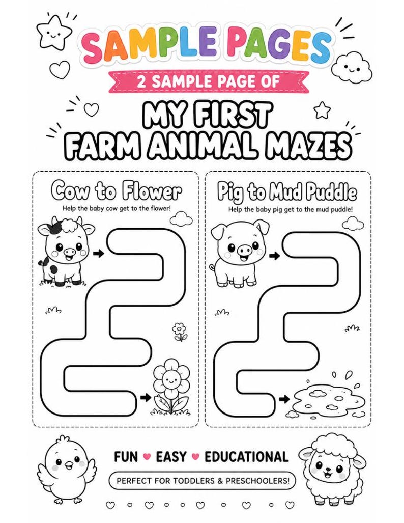Farm Animal Mazes for Toddlers | Fun Easy Activity Book (instant ...