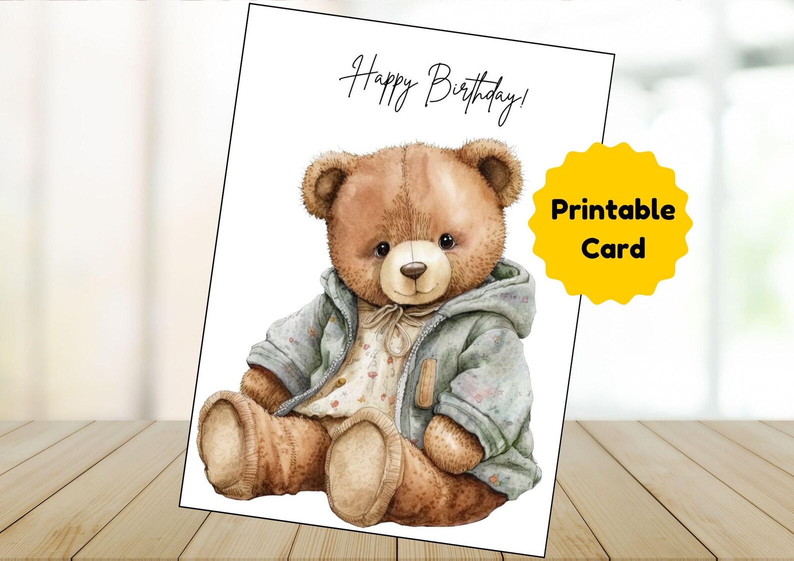 Teddy Bear Birthday Card – Watercolor Illustration, Instant Download ...
