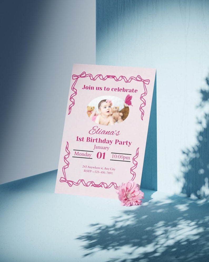Editable Pink Butterfly 1st Birthday Invitation, Coquette Party ...