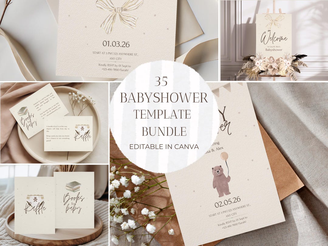 Boho Baby Shower Bundle (editable Canva Templates) Modern Neutral ...