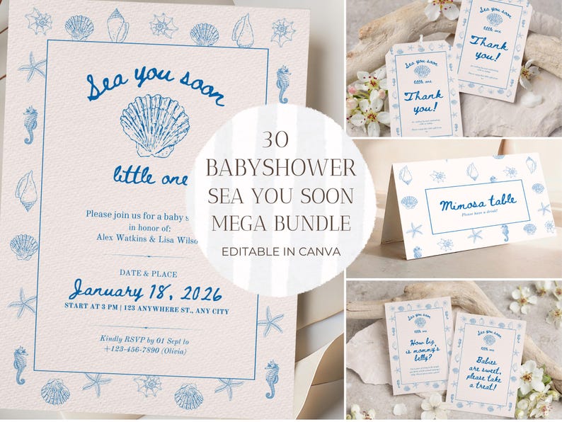 Sea You Soon Nautical Baby Shower Mega Bundle (editable Canva Templates ...