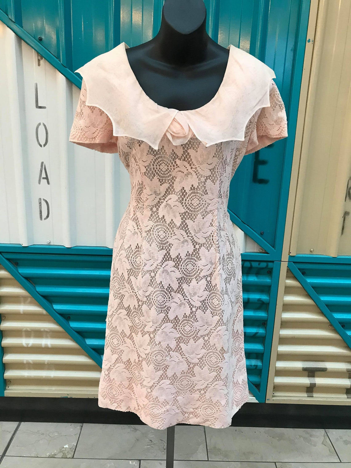 1960s edith Flagg S/S Lace Sheath With Organza Collar Pale Pink B37 - Etsy