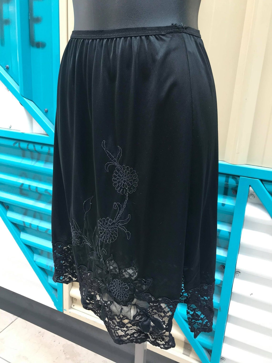 Vintage Black Half Slip Skirt With Floral Embroidery & Lace Hem - Etsy