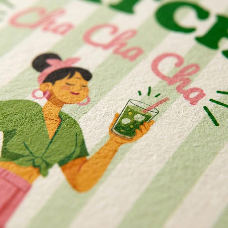 Matcha Cha Print, Retro Girl Art, Pink Green Kitchen Decor (digital ...