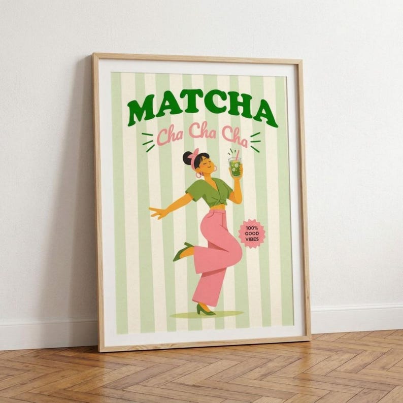 Matcha Cha Print, Retro Girl Art, Pink Green Kitchen Decor (digital ...