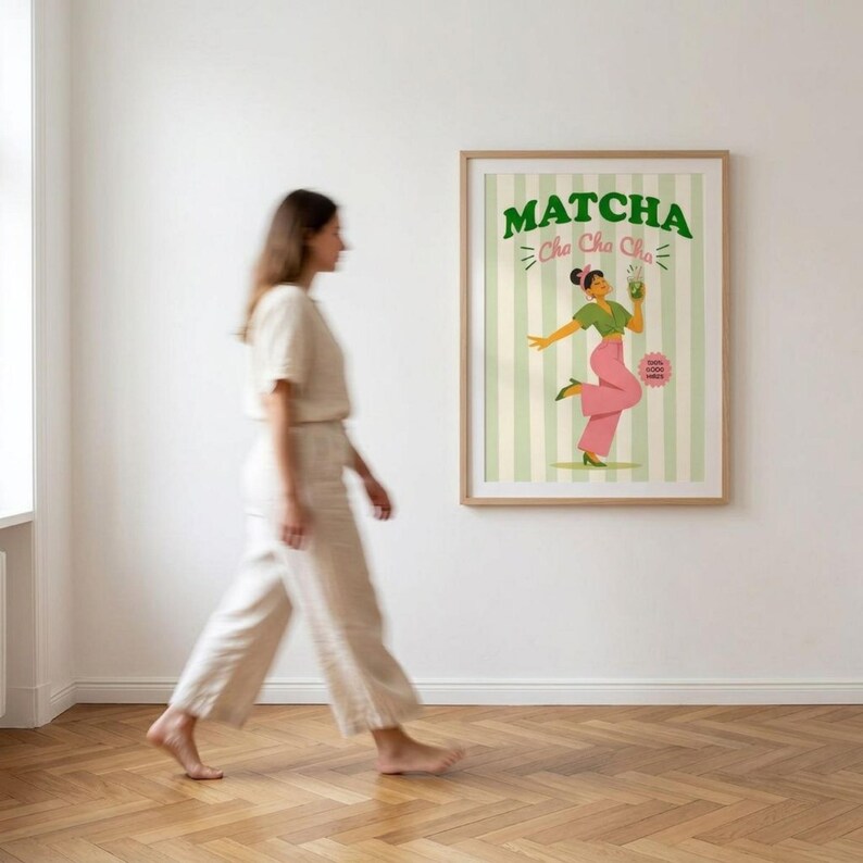 Matcha Cha Print, Retro Girl Art, Pink Green Kitchen Decor (digital ...